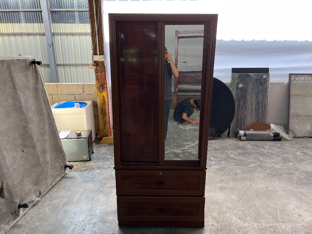 Wooden Wardrobe with Mirror & 2 Drawer / Almari Pakaian Kayu dengan ...