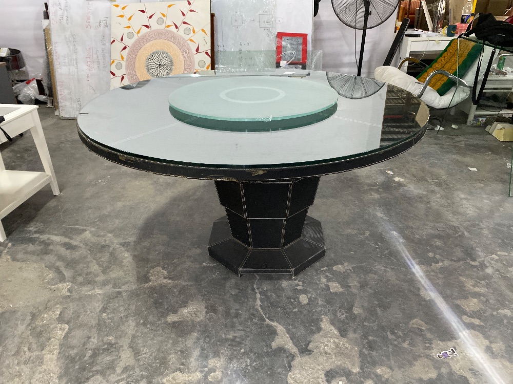 Wooden Leather Cover Glass Top Round Dining Table / Meja Makan Bulat ...