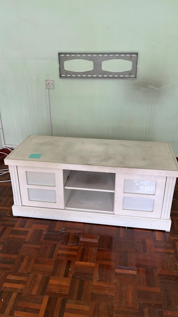 White Wooden TV Cabinet With Multi Compartment / Kabinet TV Kayu Putih ...