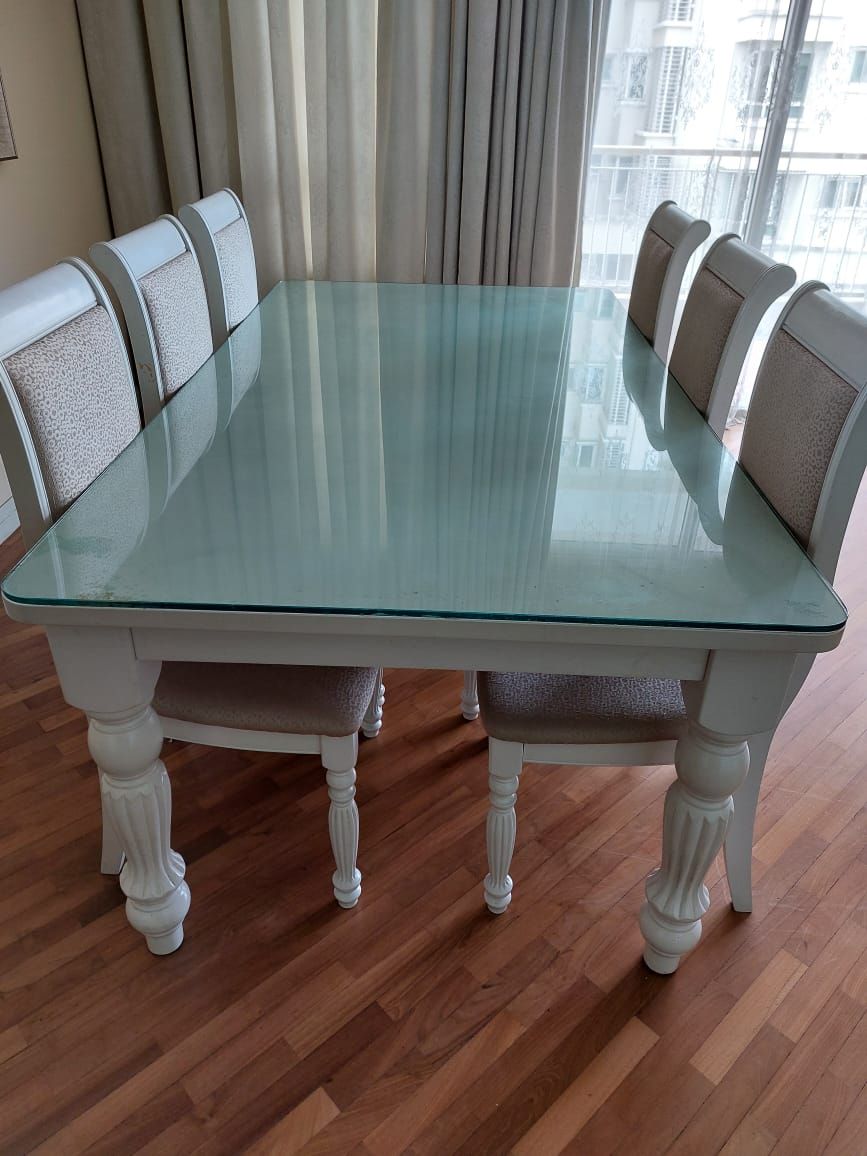 White Wooden Glass Top 6-seater Dining Table - Unearth Store