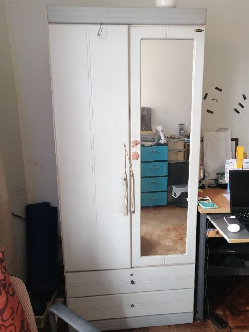 White 2-Door Wooden Wardrobe With Mirror And 2 Drawers / Almari Pakaian ...