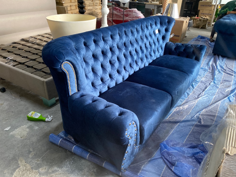 Blue Velvet Chesterfield 3 Seater High Back Sofa / Chesterfield Sofa ...