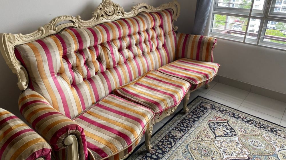 White Wooden Carved Frame Striped Pattern Fabric 3 Seater Sofa set with ...