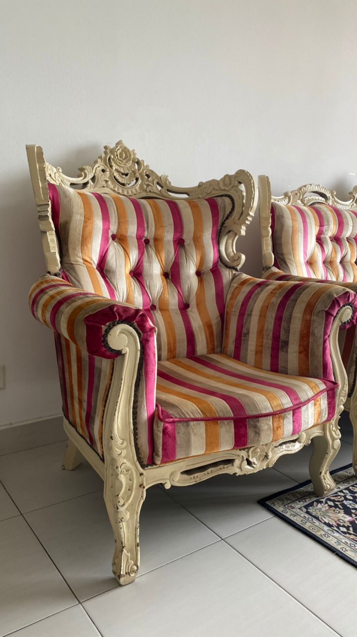 White Wooden Carved Frame Striped Pattern Fabric Armchair set with (1 ...