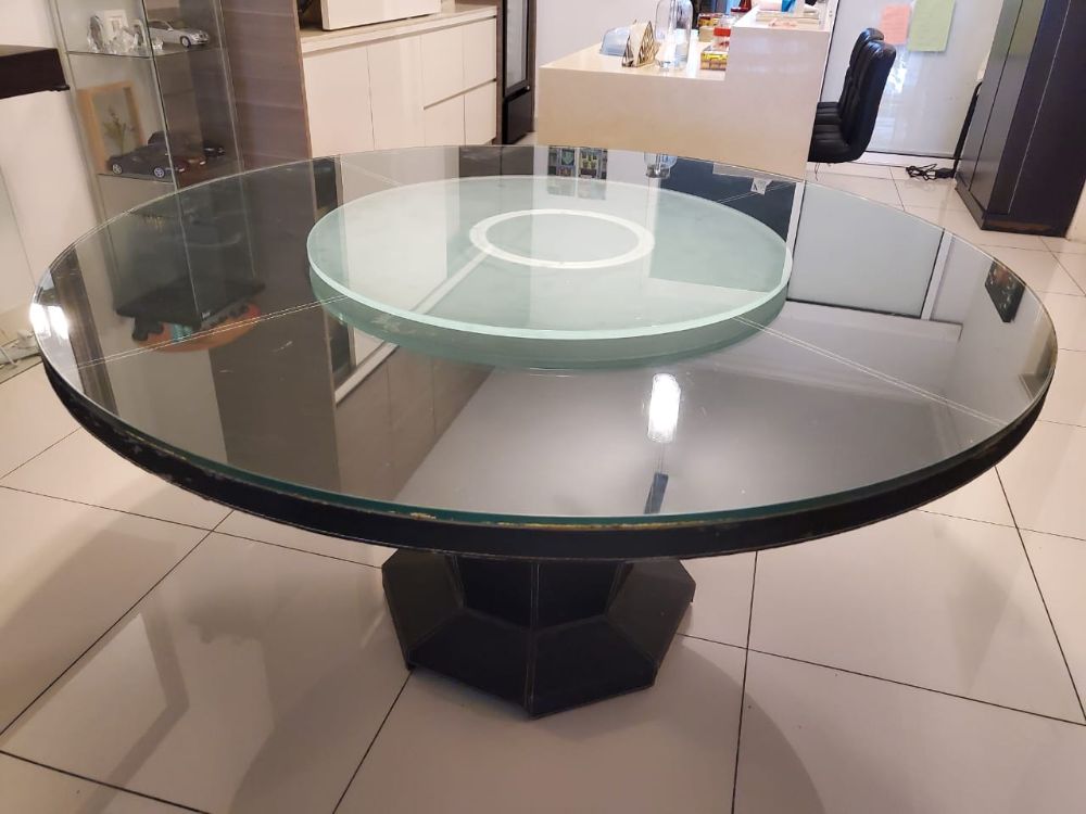 Wooden Leather Cover Glass Top Round Dining Table / Meja Makan Bulat ...