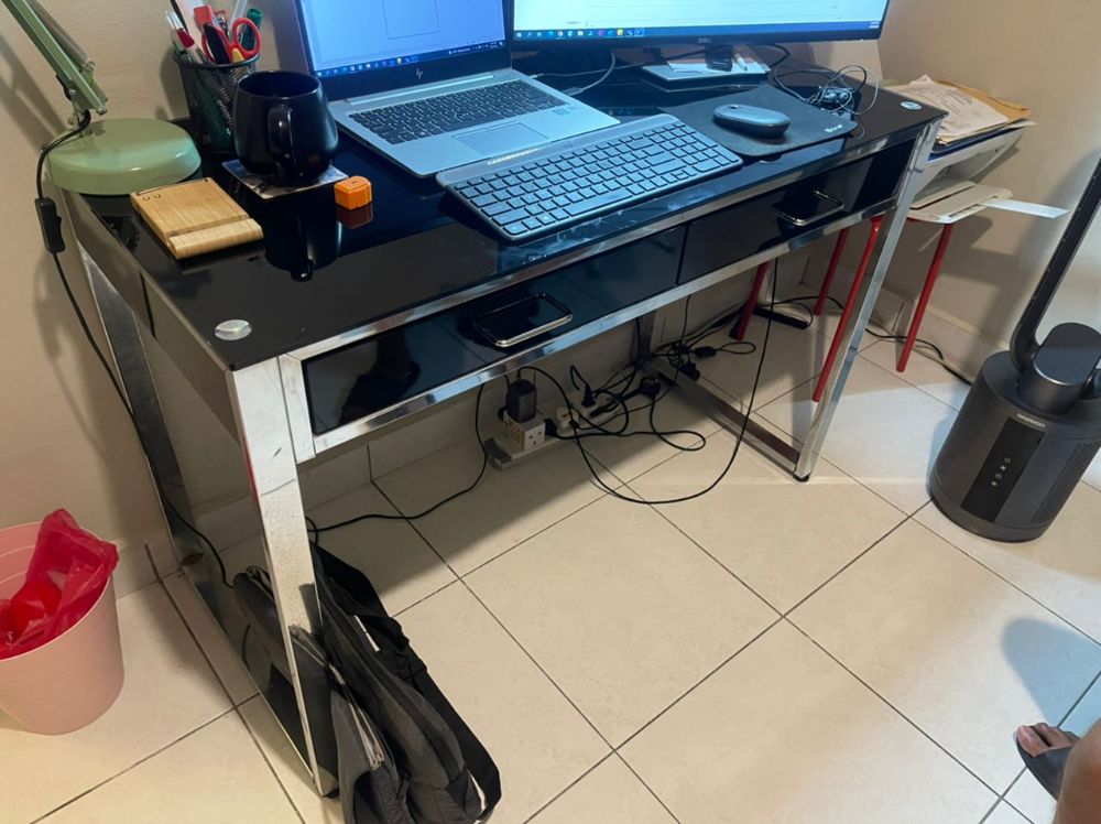 Glass Top Metal Frame Office Table with 2 Drawer Black Colour / Meja ...