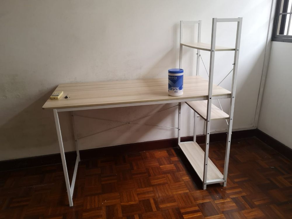 Light Brown Wooden Top Metal Frame Work Desk With Shelves / Meja Kerja ...